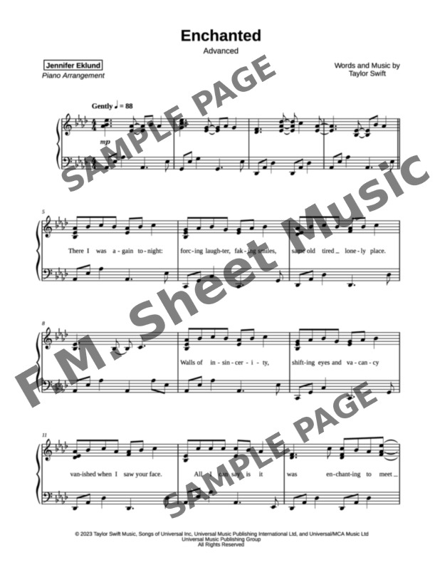 Enchanted (Advanced Piano) By Taylor Swift - F.M. Sheet Music - Pop Arrangements by Jennifer Eklund